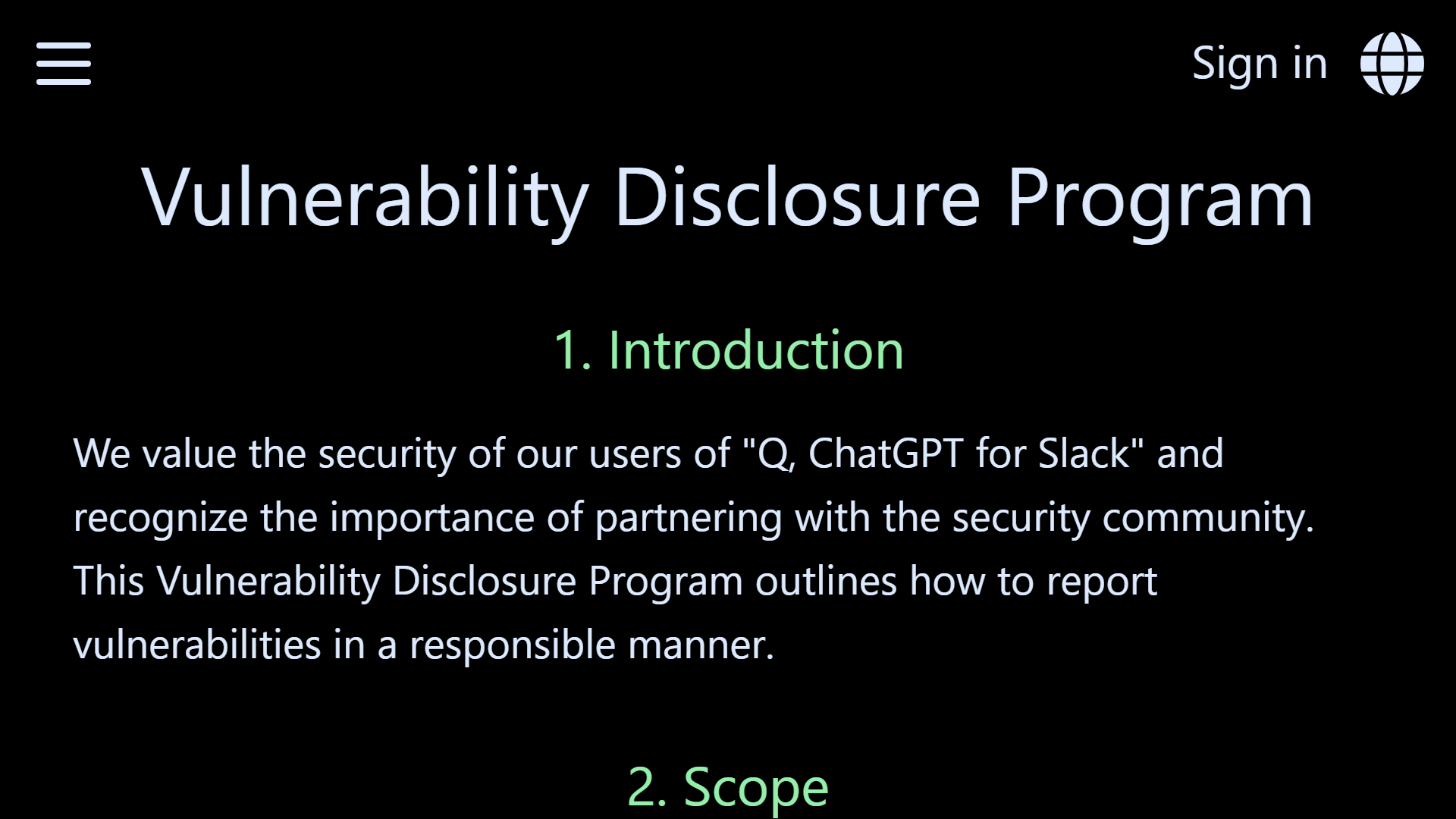Vulnerability Disclosure Program - Q, ChatGPT for Slack
